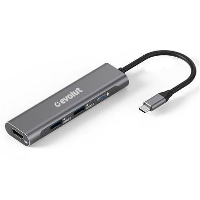 HUB Tipo C Evolut 4 em 1, 2 Portas USB 3.0, HDMI, Power Delivery, Cinza ...