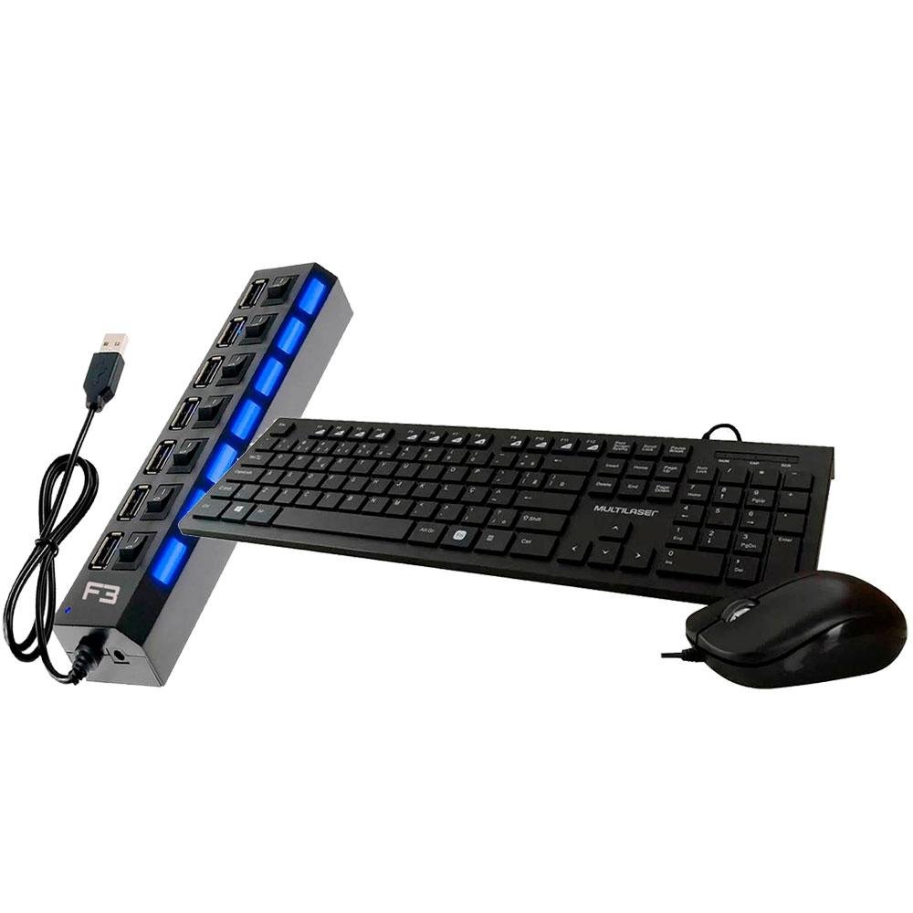 Teclado e Mouse Multi Multimídia USB Slim - TC240 + HUB USB 2.0 F3, 7 ...