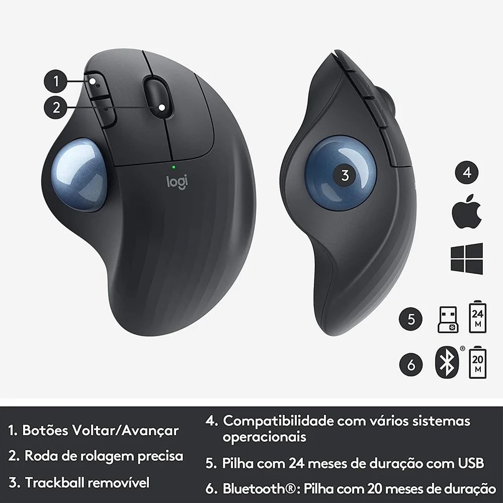 Mouse Sem Fio Logitech Trackball Ergo M575 Preto