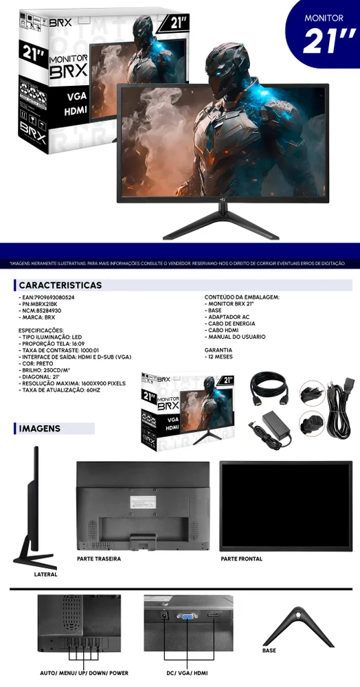 Monitor Gamer BRX LED Tela 21 60Hz HDMI VGA KaBuM