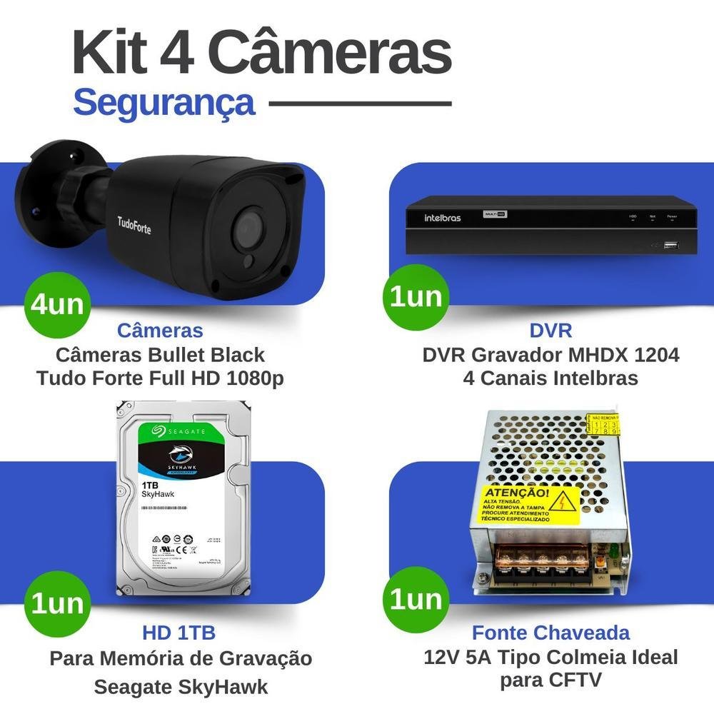 Kit 4 Câmeras Tudo Forte Bullet TF 2020 B Black